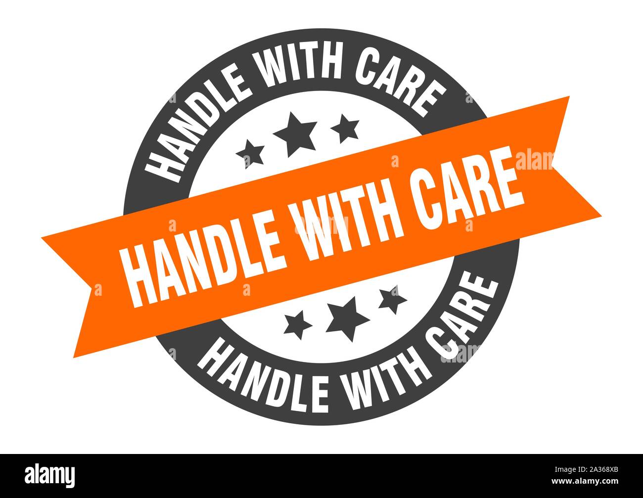 handle with care sign. handle with care orange-black round ribbon ...