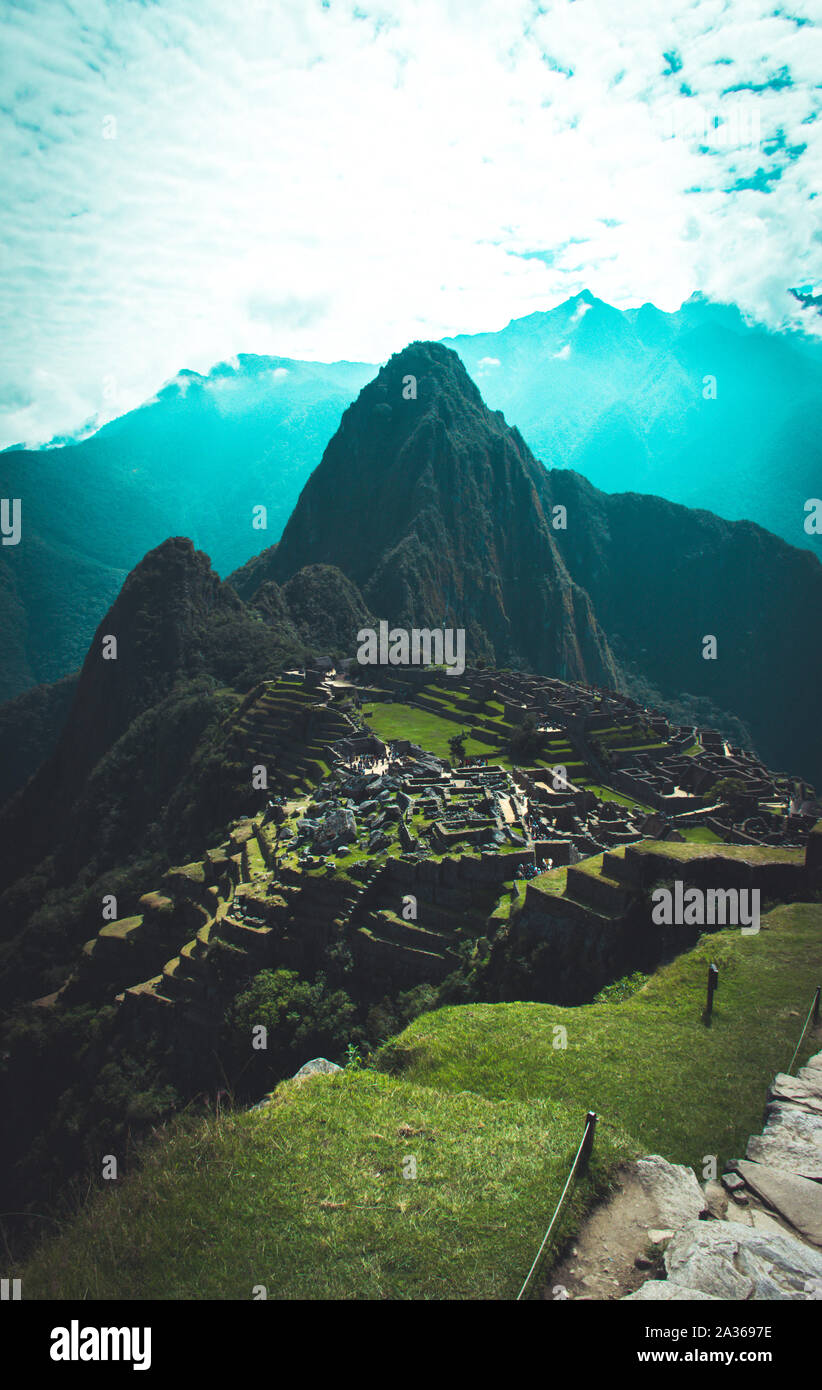 Inca site of Machu Picchu and the surrounding Andes mountains in Peru ...