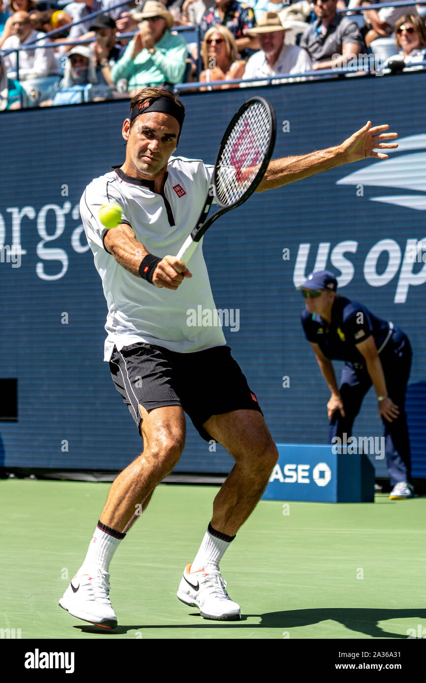 Roger Federer of Switzerland competing in the third round of the 2019 ...