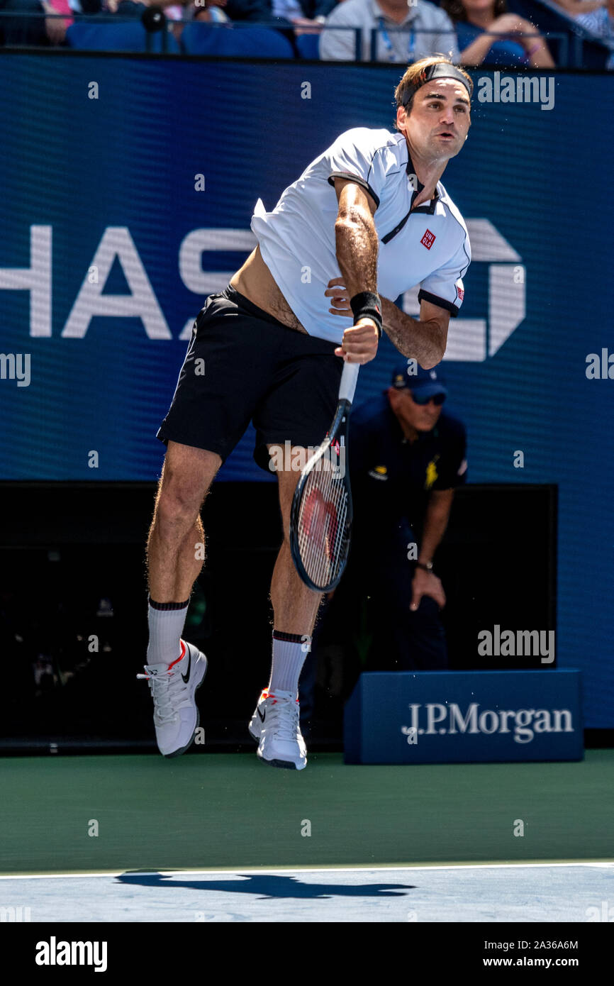 Roger Federer of Switzerland competing in the third round of the 2019 ...
