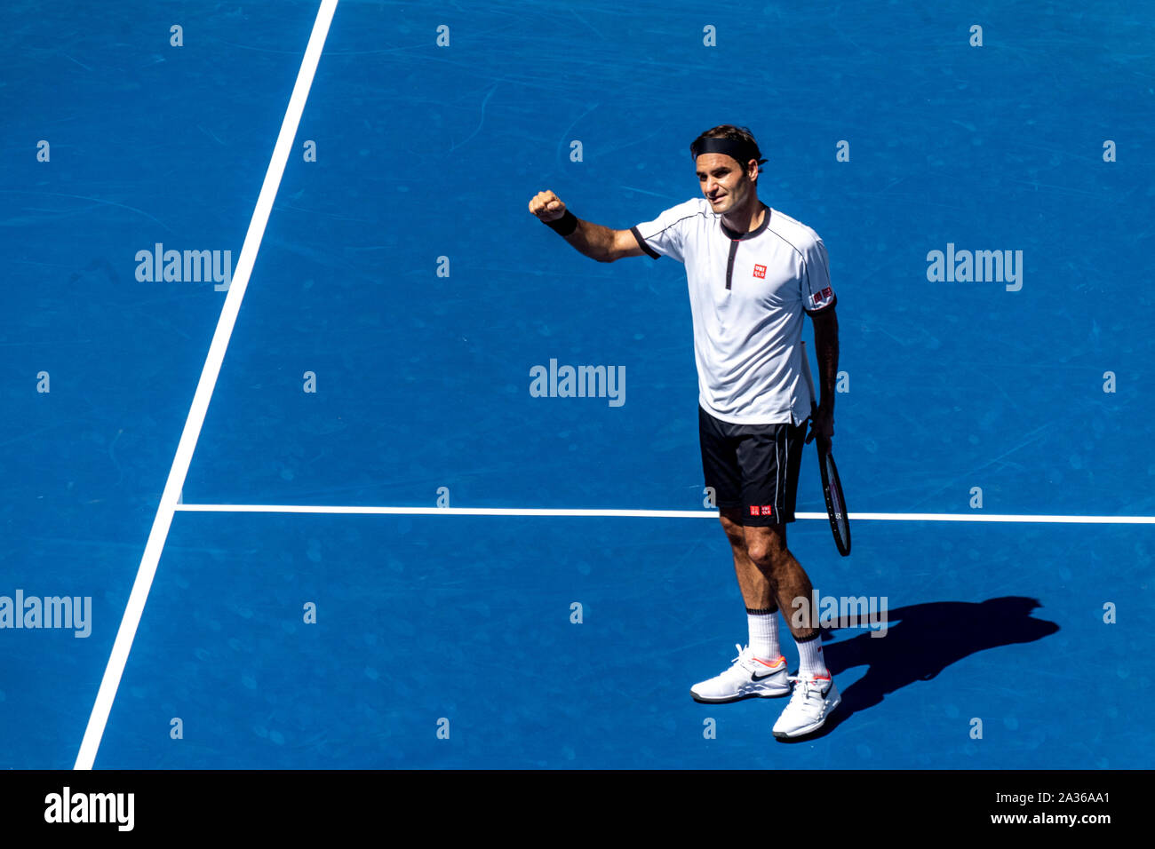 Roger Federer of Switzerland competing in the third round of the 2019 ...