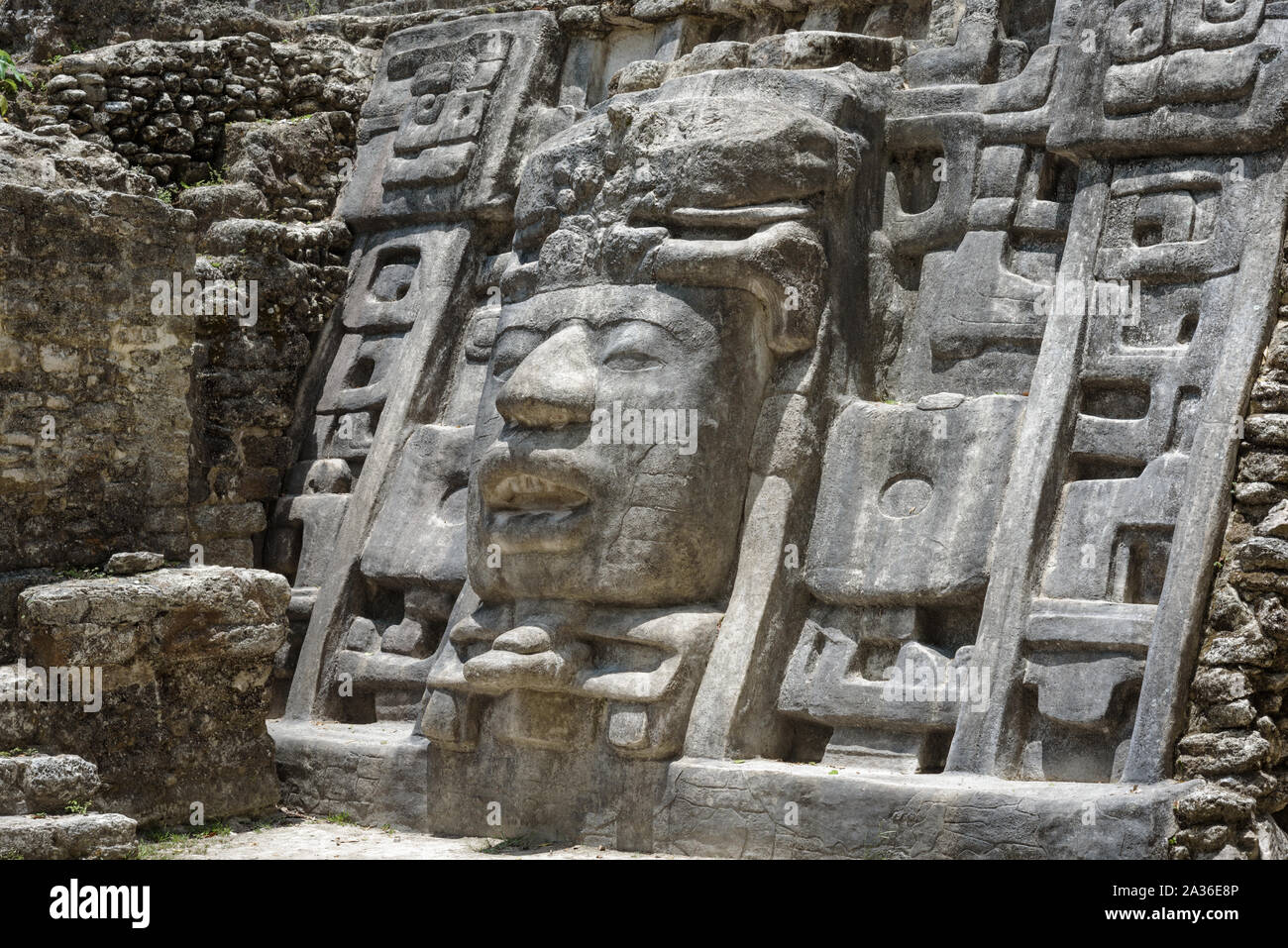 Close Up of Mask at Mask Temple, Lamanai Archaeological Reserve, Orange ...