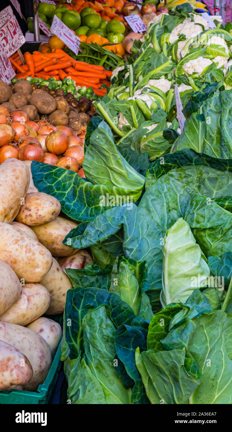 Vegetable produce ready for sale on a market stall Stock Photo - Alamy