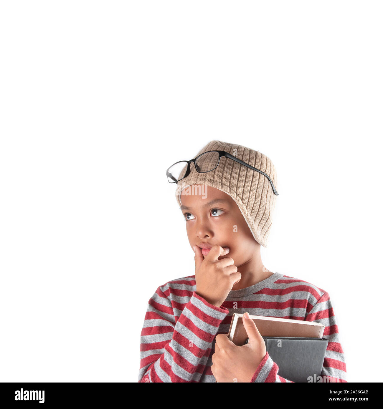 Boy student thinking isolated on white background Stock Photo - Alamy