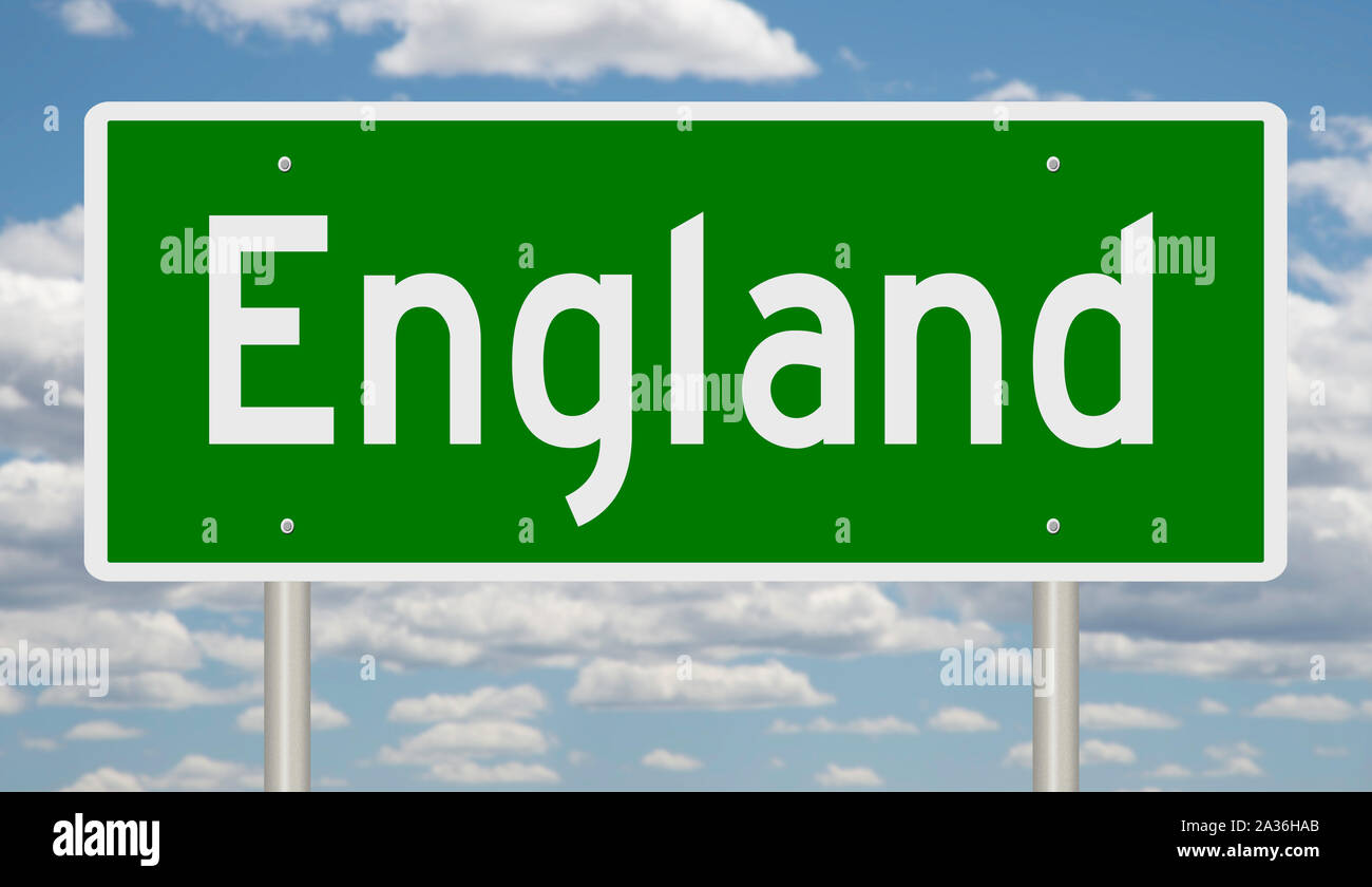 Rendering of a green 3d highway sign for England Stock Photo - Alamy