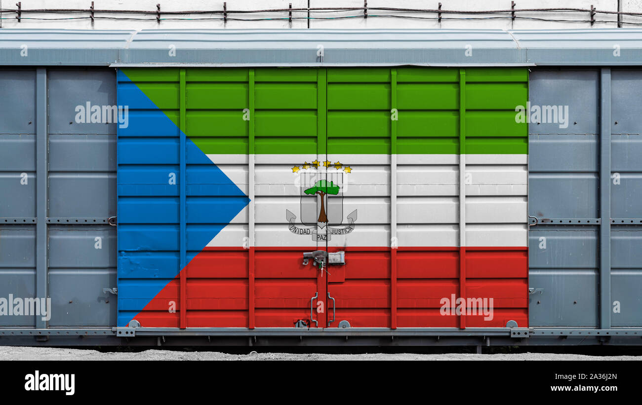 Front view of a container train freight car with a large metal lock ...