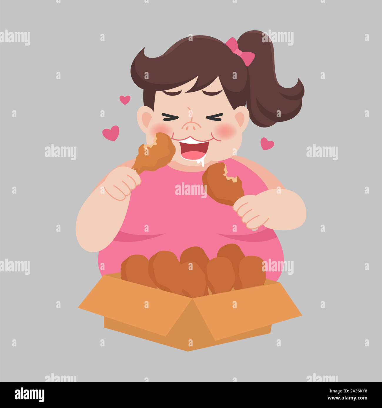 Big Fat Happy woman enjoy eat fast food, junk food, chicken drumstick ...