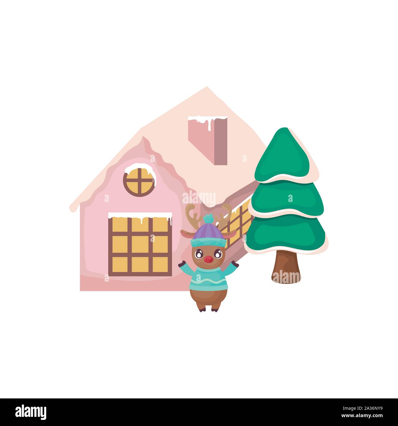 cute reindeer with house and christmas trees on white background vector ...