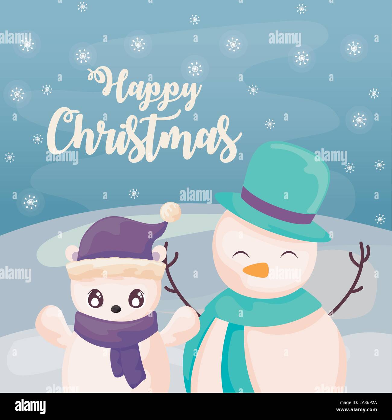 happy christmas label with snowman and polar bear on winter landscape ...