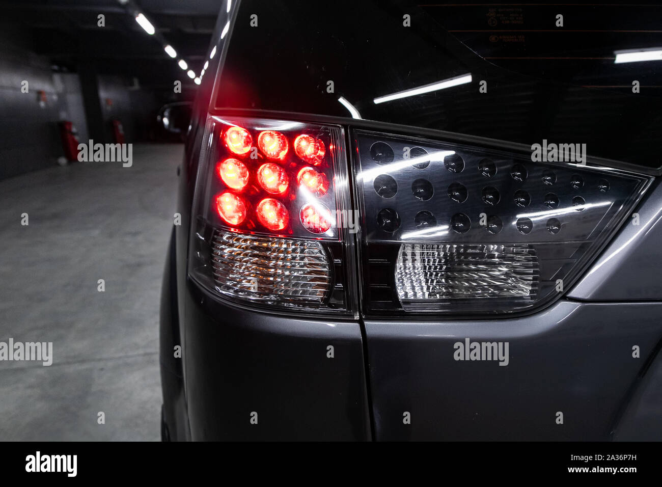 Back view of newblack city crossover. Closeup headlights of car SUV ...