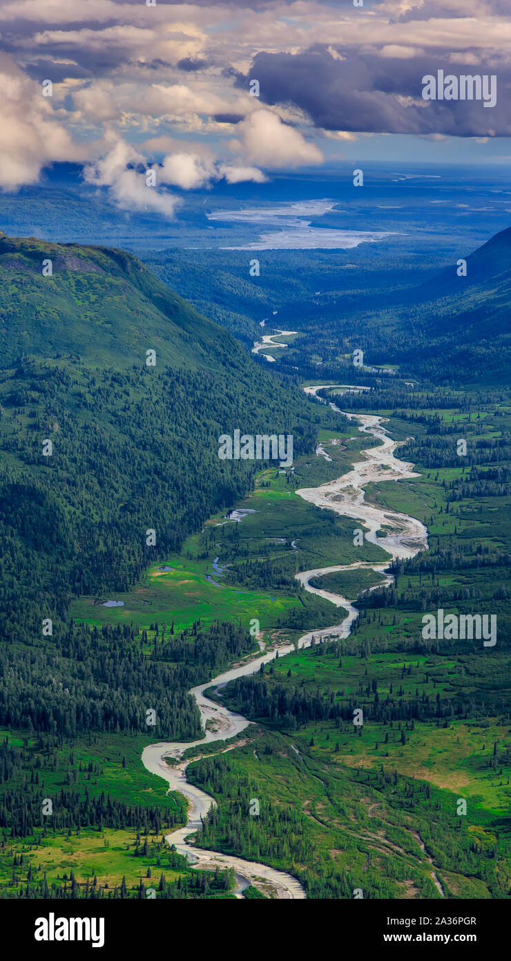 Green heart of Alaska - a river winding through the green dwarf forest ...