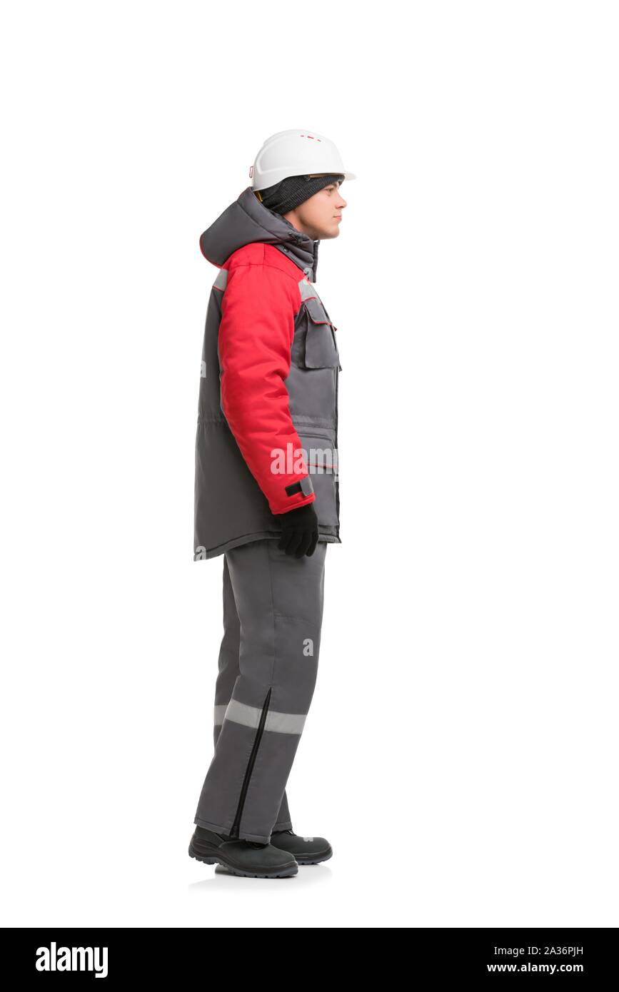 Male in gray and red work clothes profile view Stock Photo - Alamy