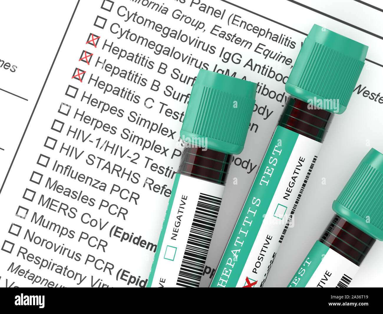 3d render of blood samples with hepatitis test lying on lab form Stock ...