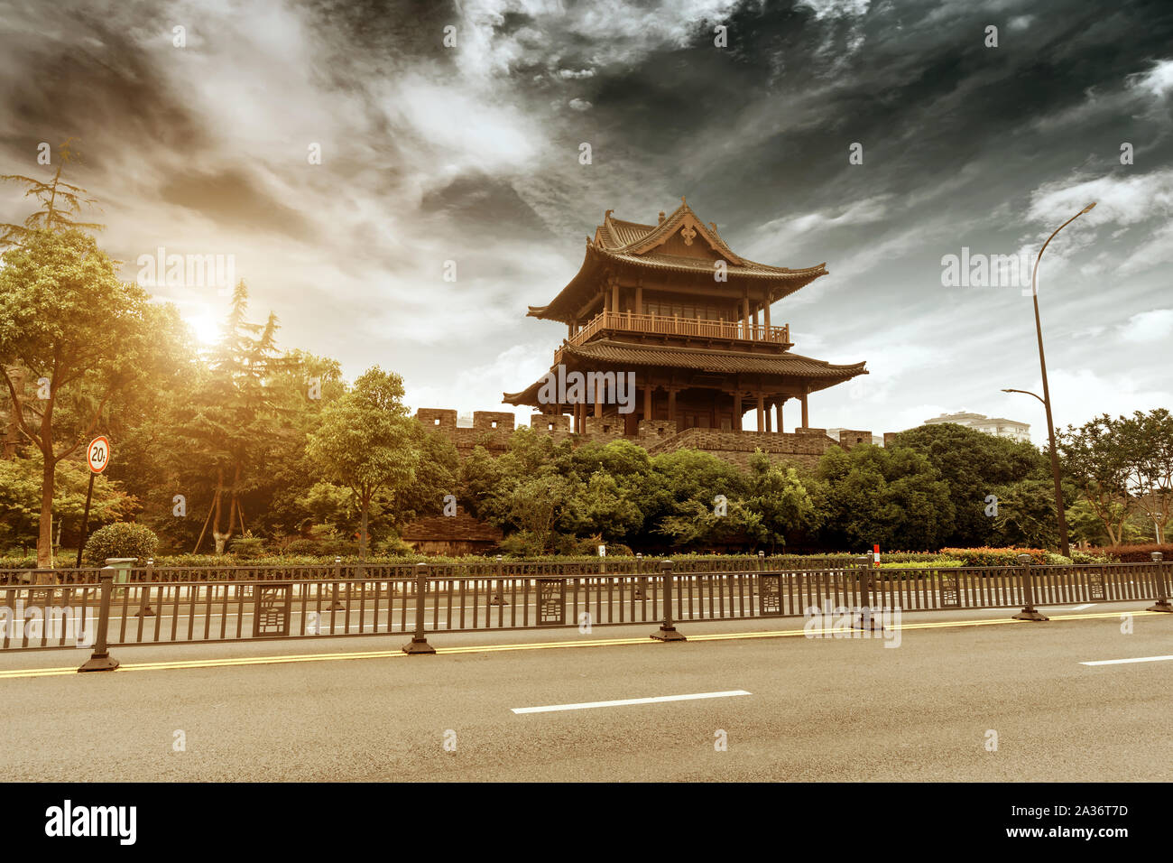 Ancient city buildings and city walls along the road, Shaoxing ...