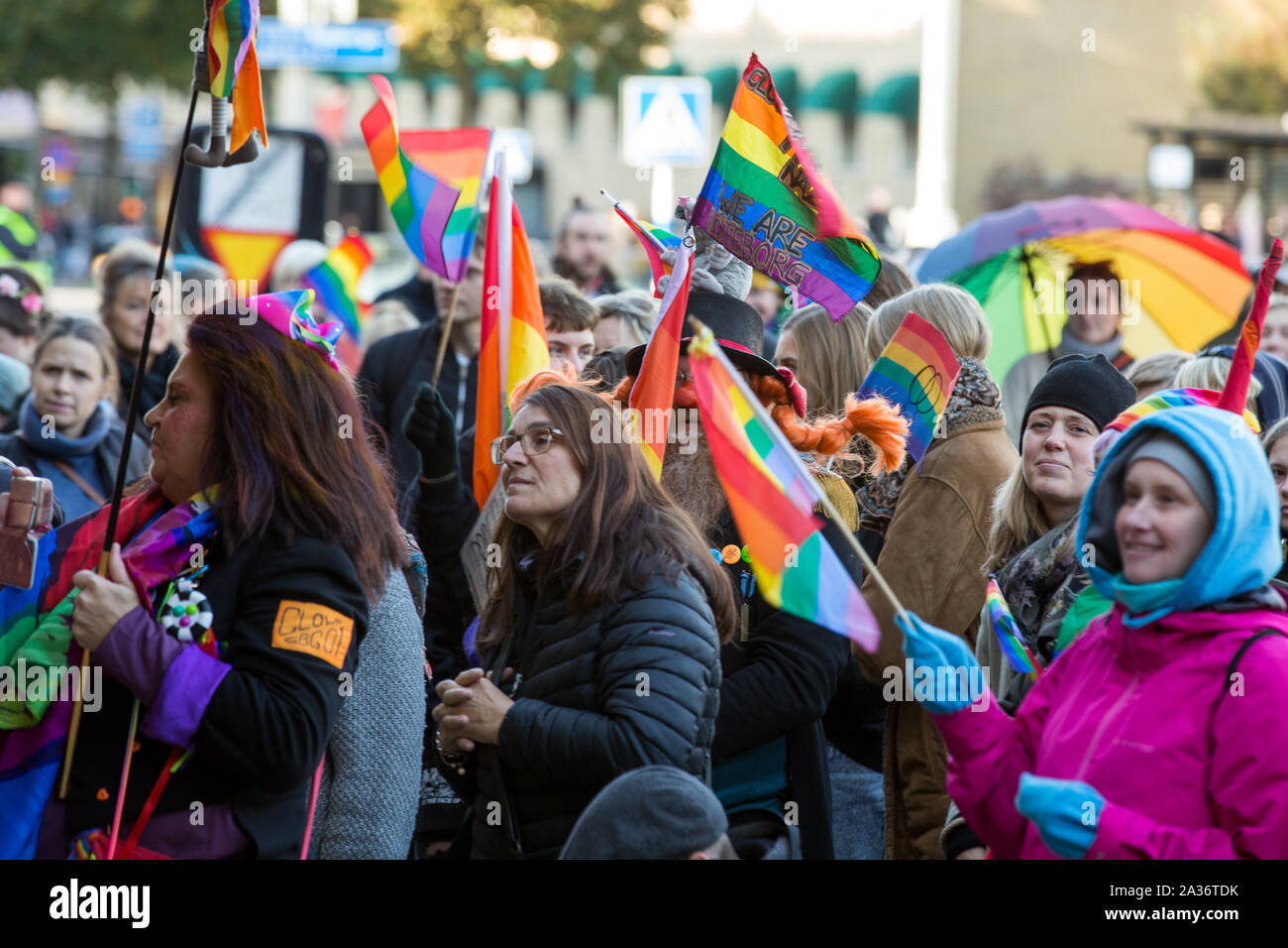 Gothenburg, Sweden. 05th Oct, 2019. People with LGBT flags are seen ...