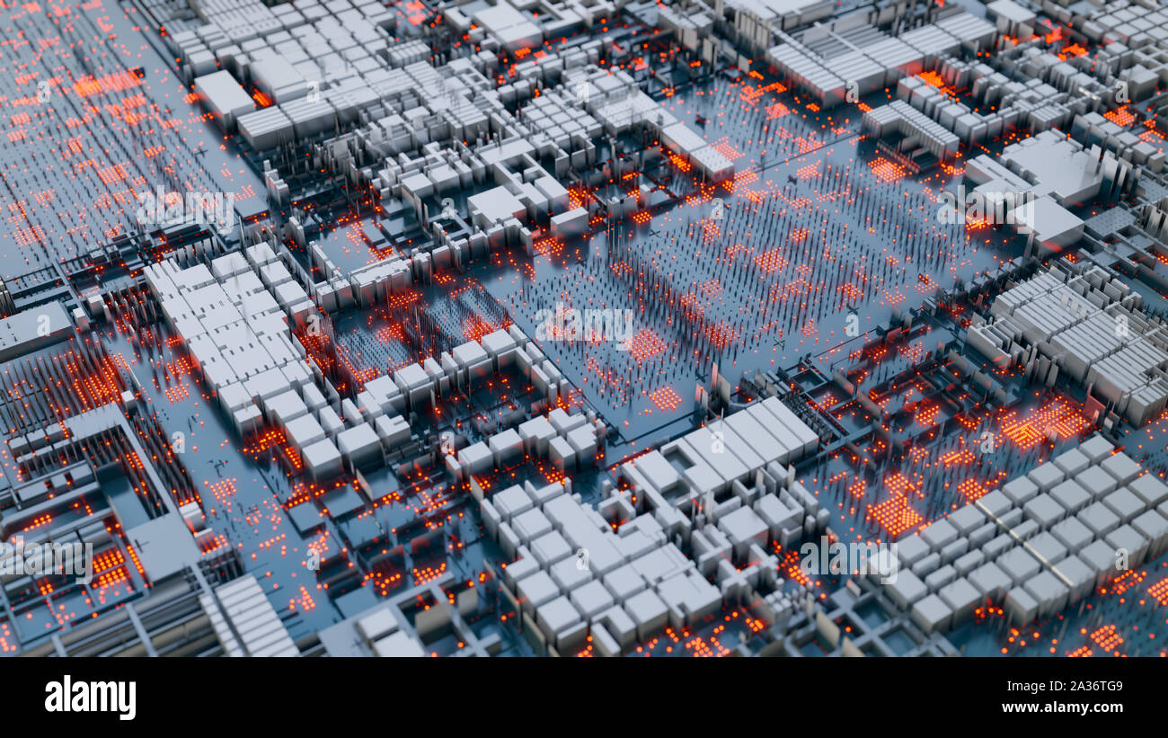 Abstract futuristic design. Tech wall with red bright elements. DOF ...