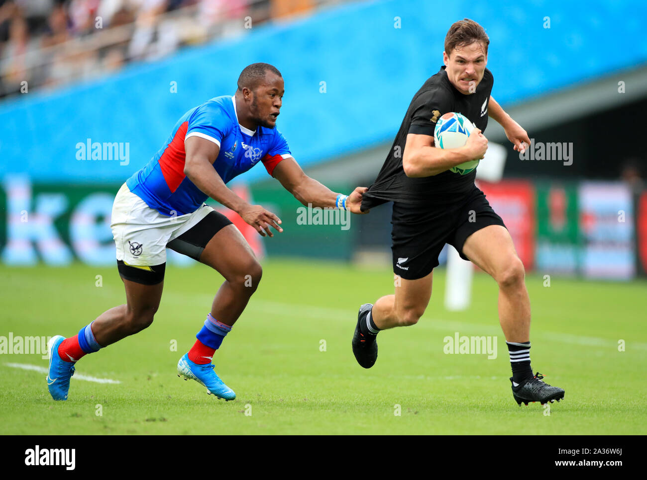 New Zealand's George Bridge (right) in action during the 2019 Rugby ...