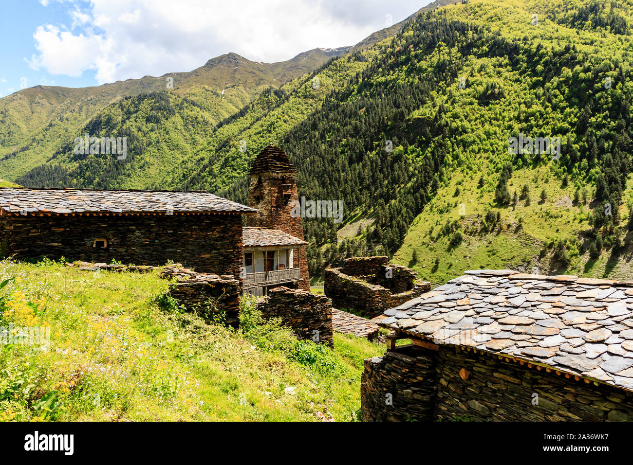 Old mountain village Dartlo, Tusheti region, Georgia. Houses built from ...