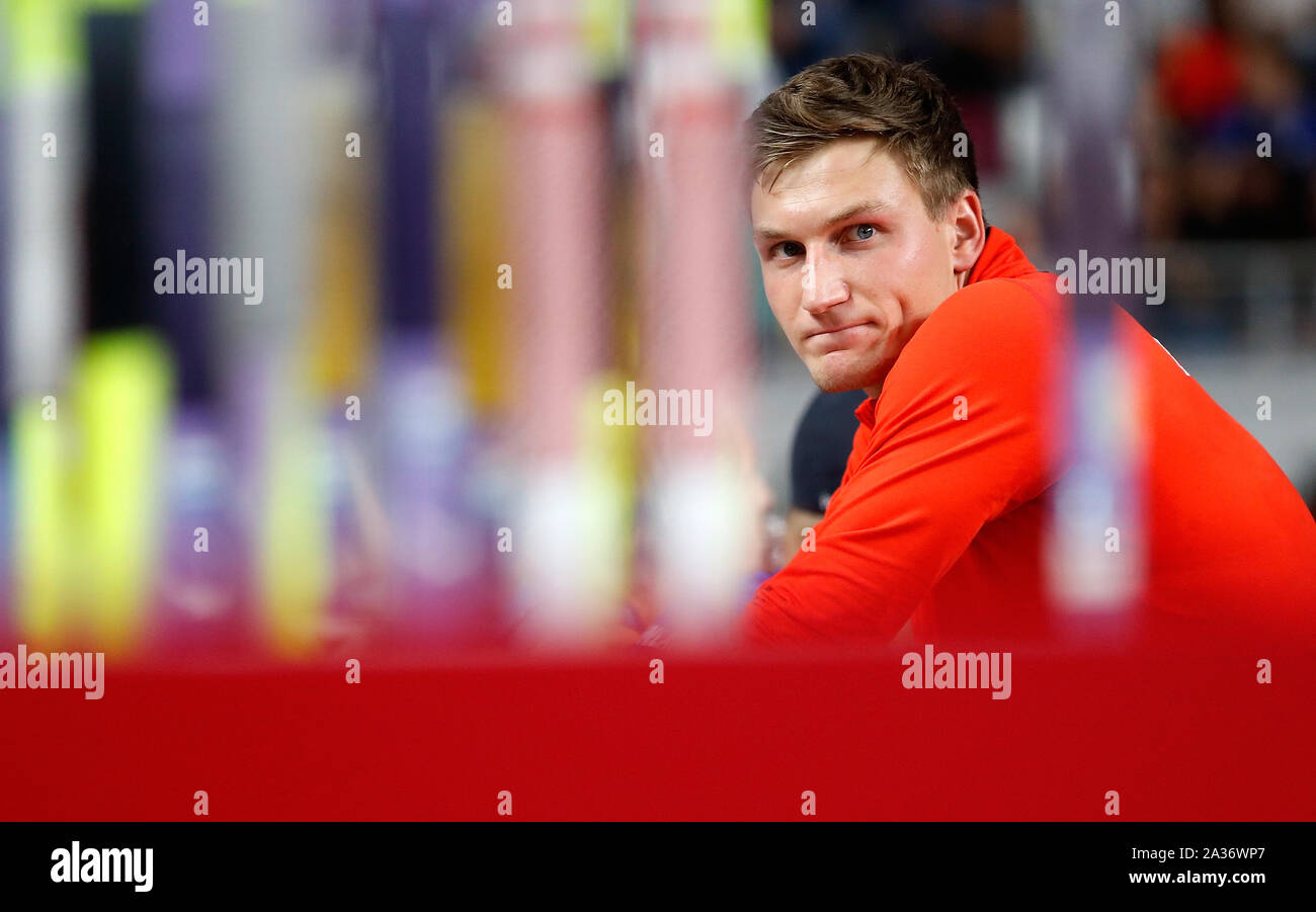 Doha, Qatar. 5th Oct, 2019. Thomas Rohler of Germany looks on after his ...