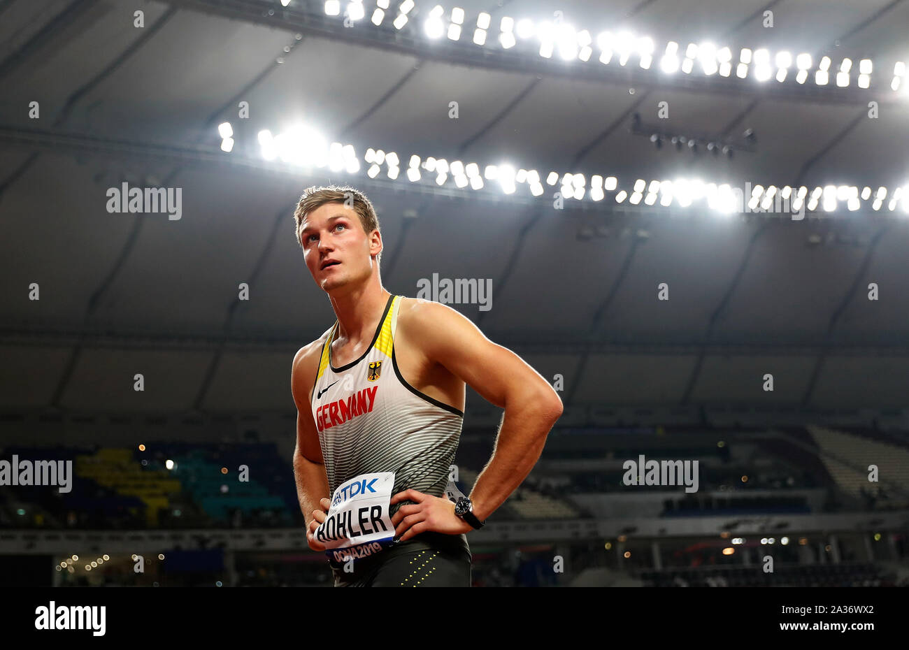 Doha, Qatar. 5th Oct, 2019. Thomas Rohler of Germany looks on after his ...