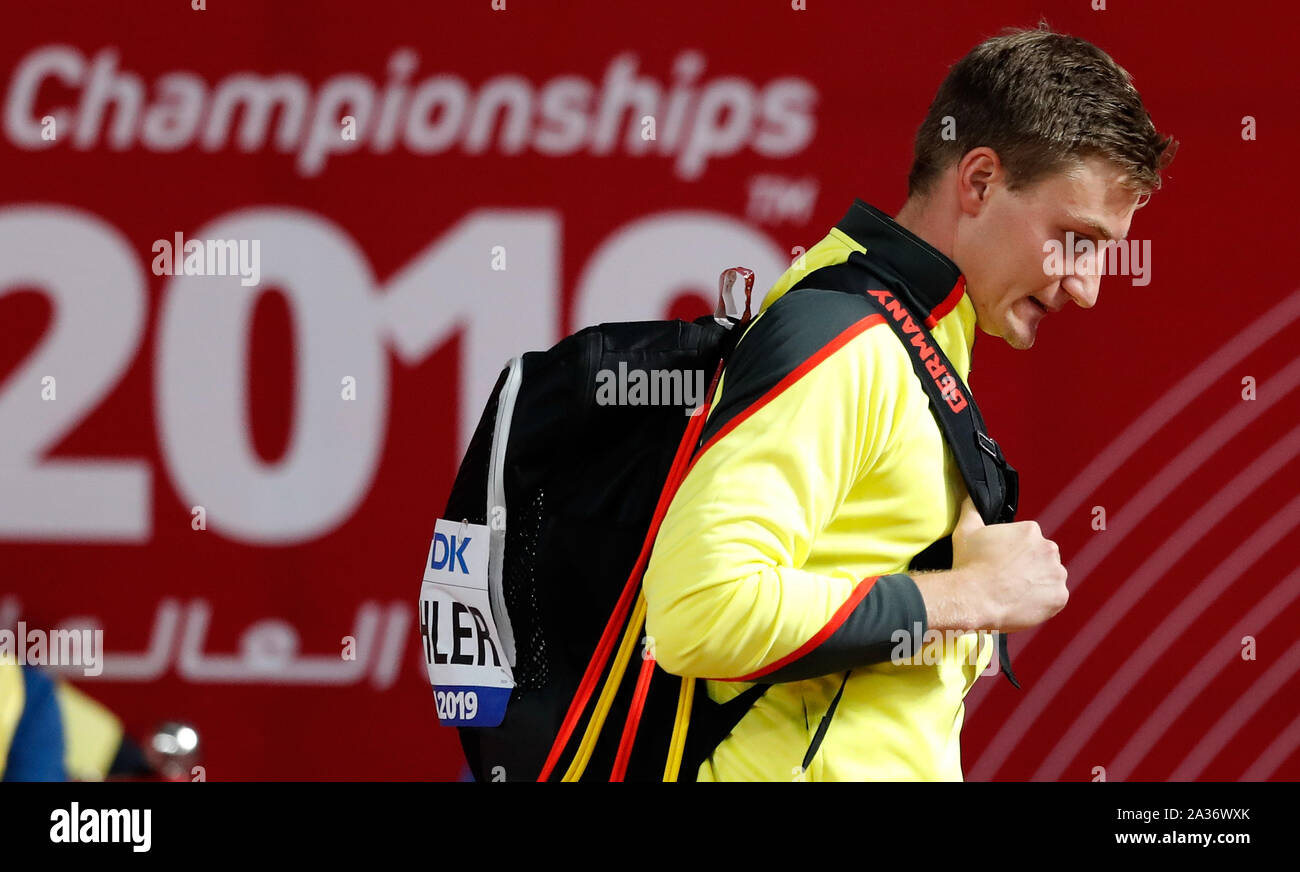 Doha, Qatar. 5th Oct, 2019. Thomas Rohler of Germany leaves the field ...