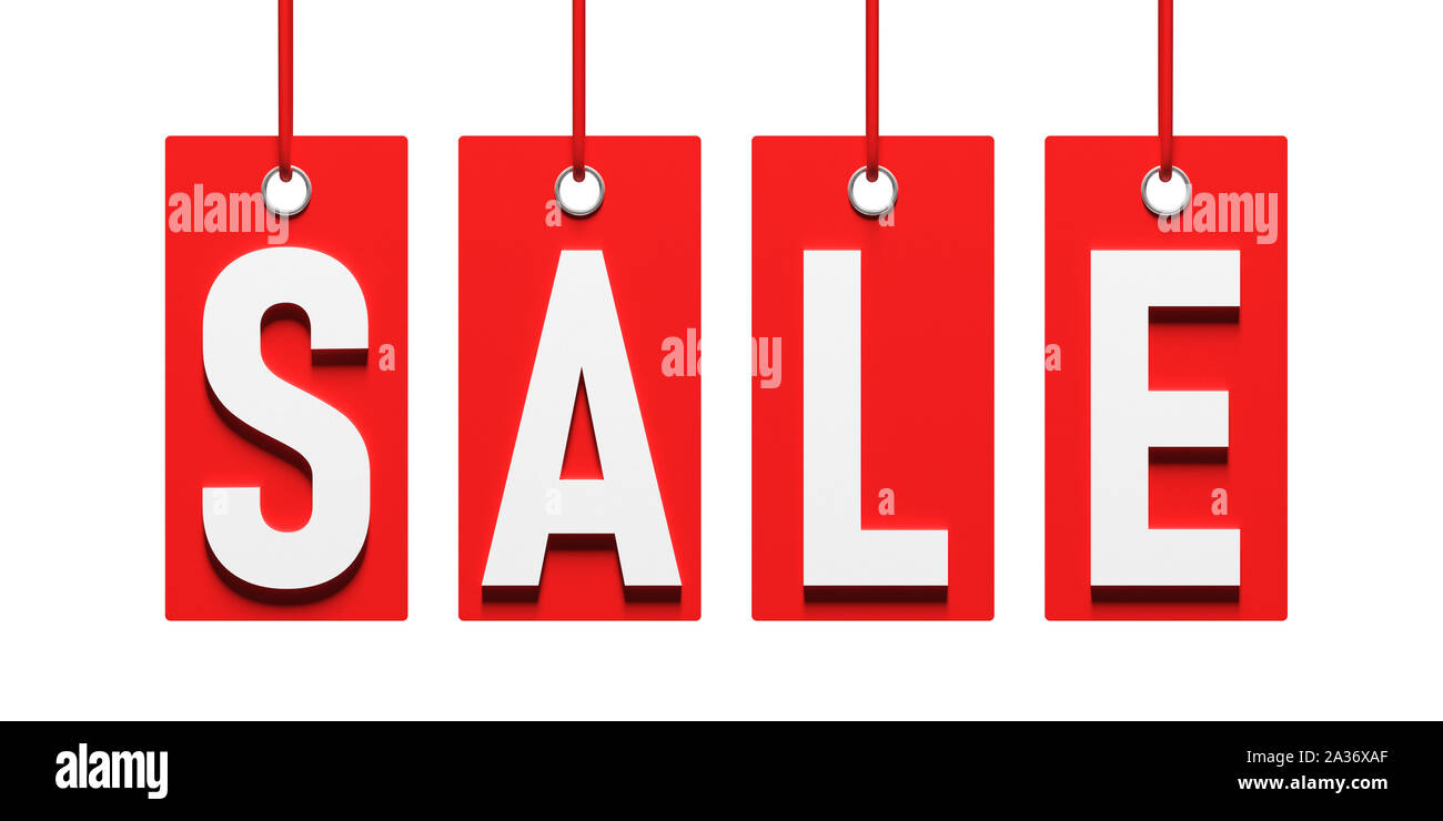 Sale text letters on red gift tags isolated against white background ...