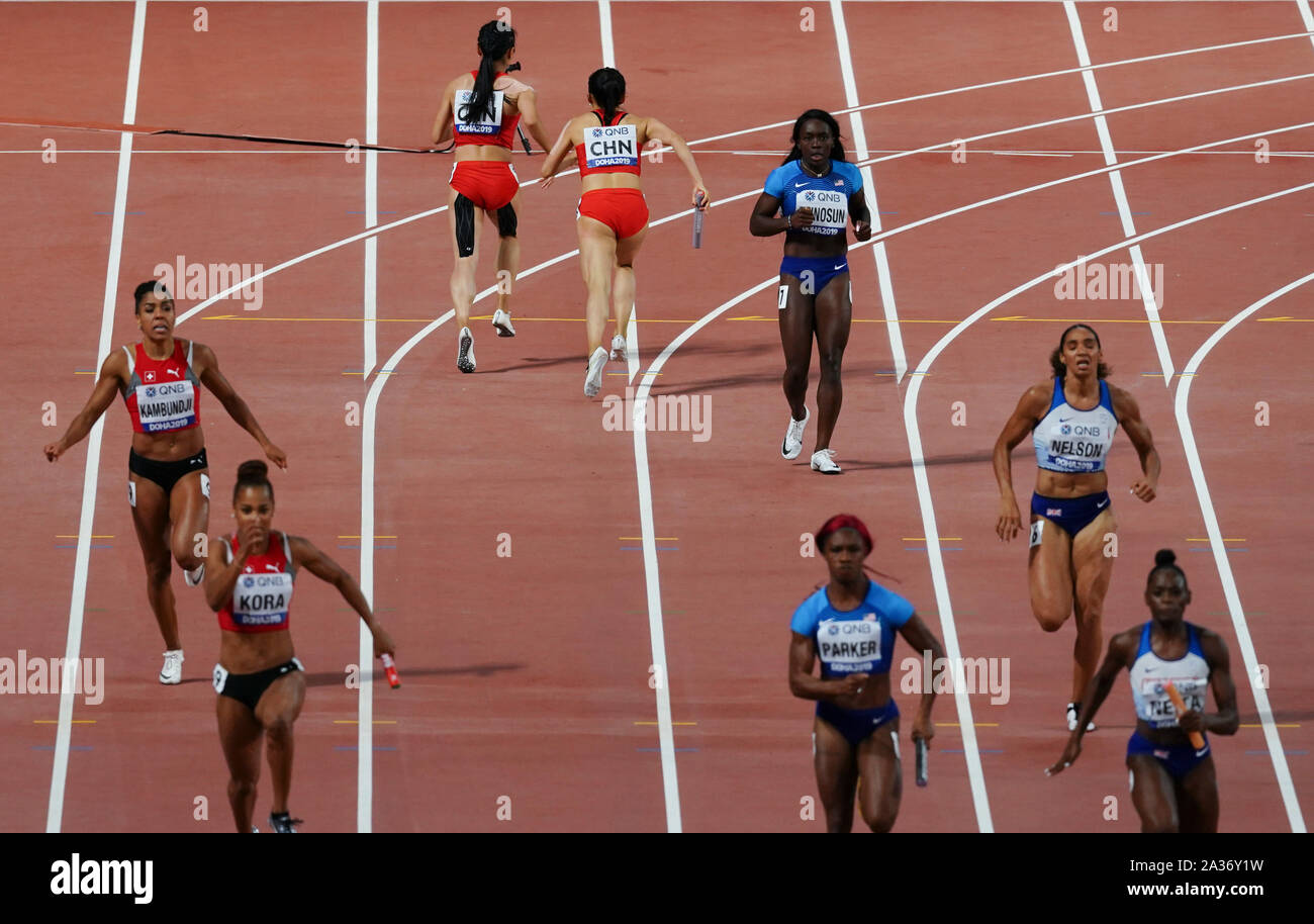 Doha, Qatar. 5th Oct, 2019. Ge Manqi (3rd L) and Kong Lingwei (4th L) of Team China compete ...