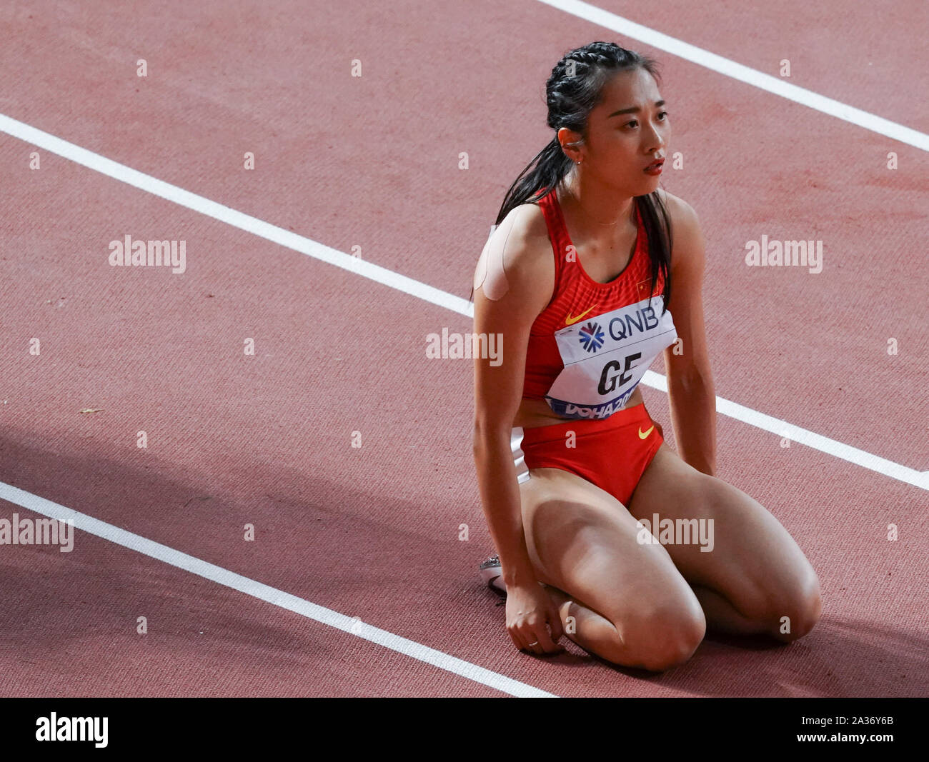 Doha, Qatar. 5th Oct, 2019. Ge Manqi of Team China reacts after the ...