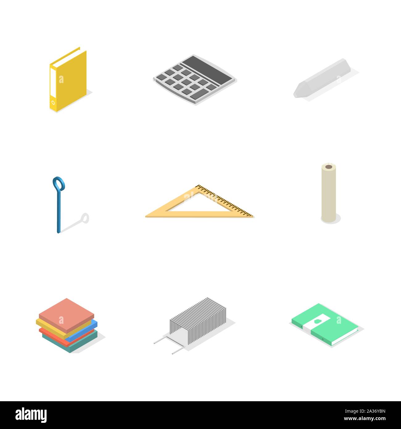 Set of icons isolated on white background, office and school. Flat 3d ...