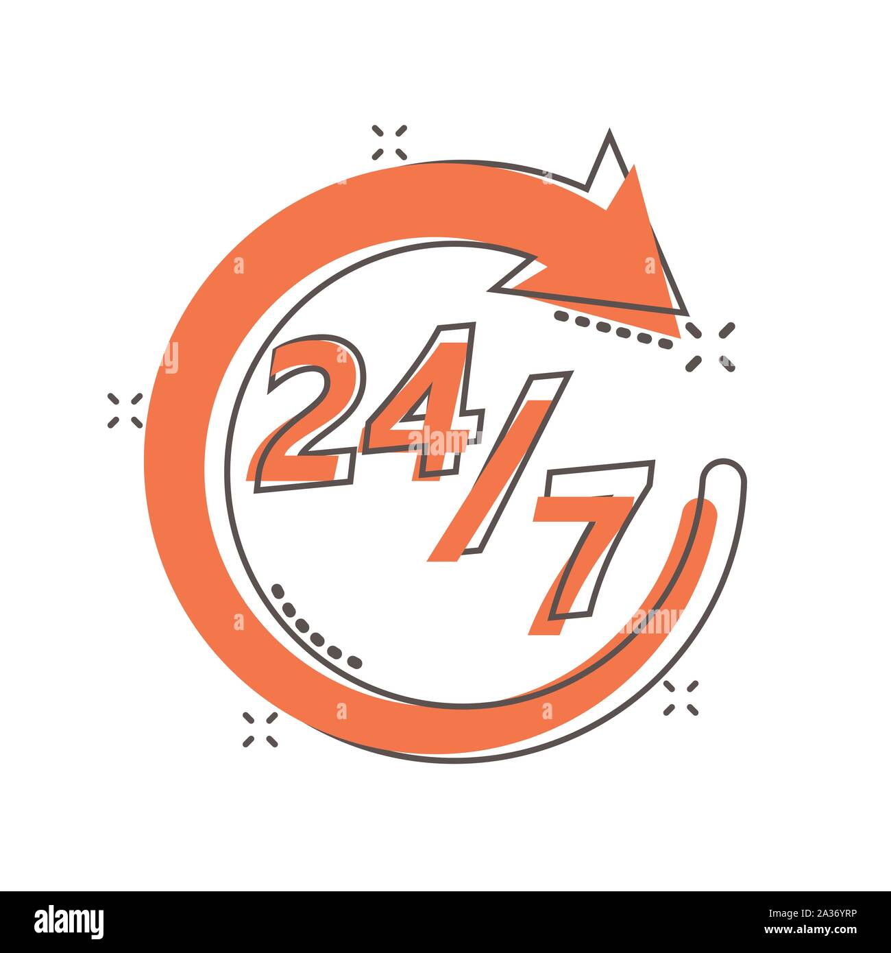 Vector cartoon twenty four hour clock icon in comic style. 24/7 service ...