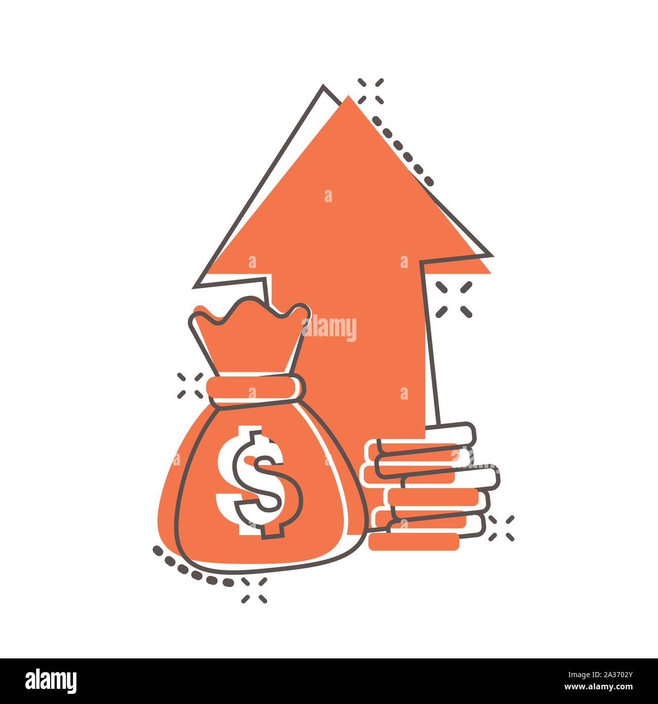 Money trending icon in comic style. Coins with money bag and growth ...