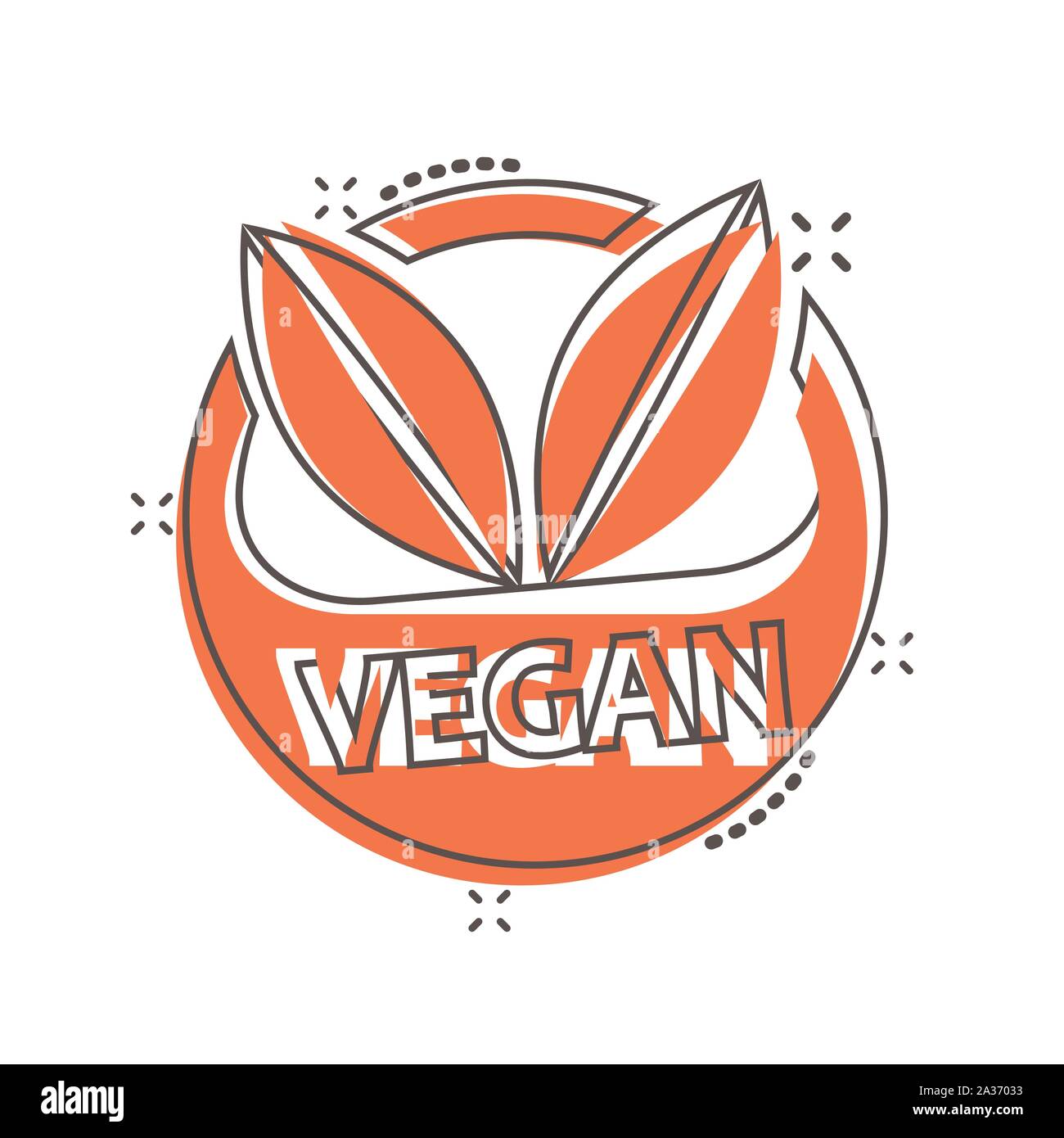 Vector cartoon vegan label badge icon in comic style. Vegetarian stamp ...
