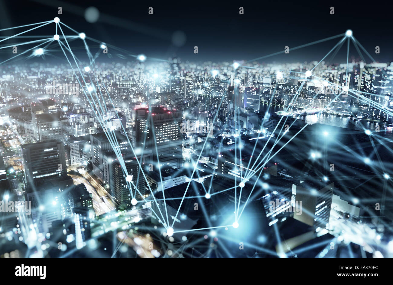 Fast connection in the city at night. Abstract technology background ...