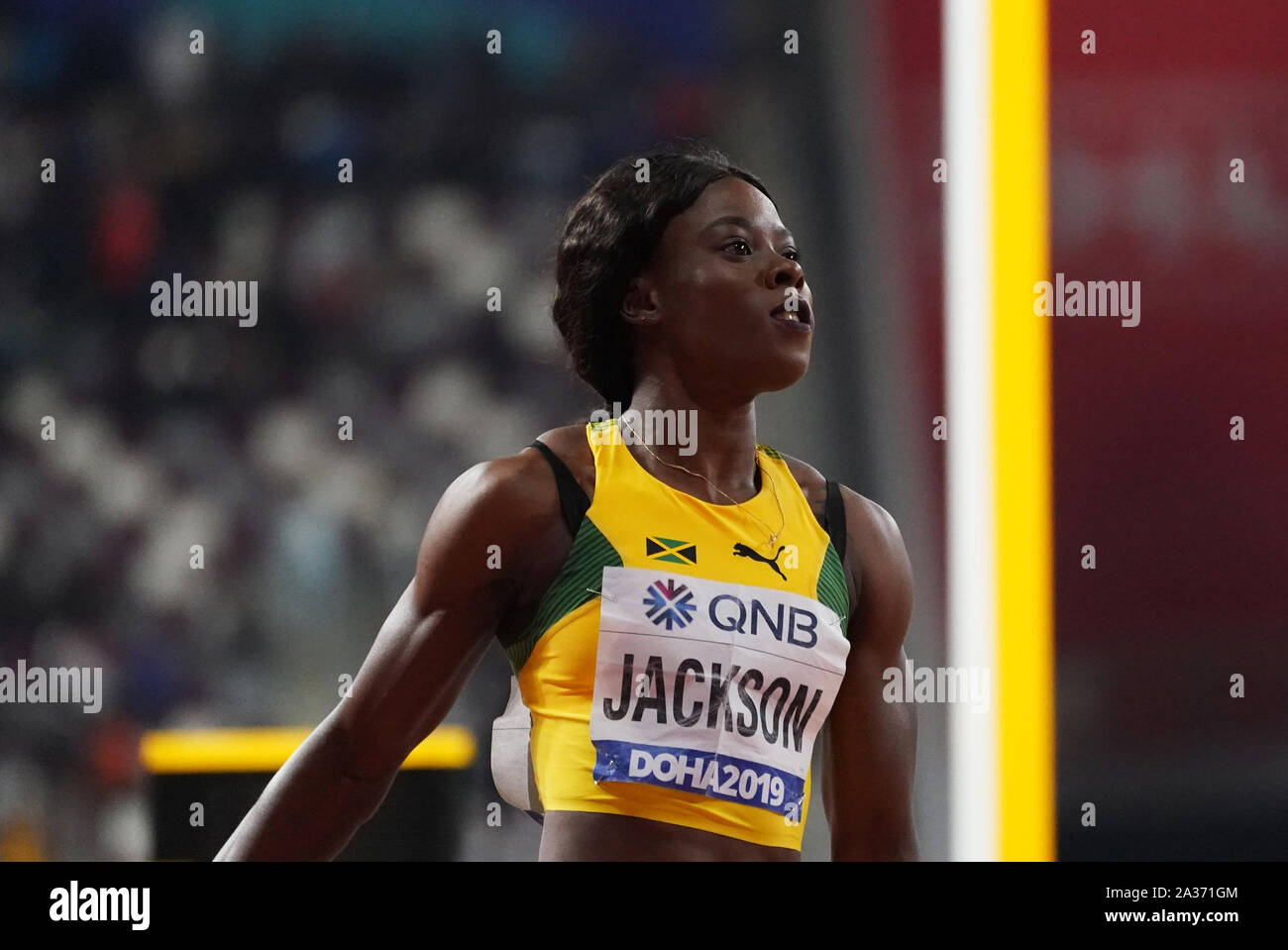 Doha, Qatar. 5th Oct, 2019. Shericka Jackson of Team Jamaica sprints ...