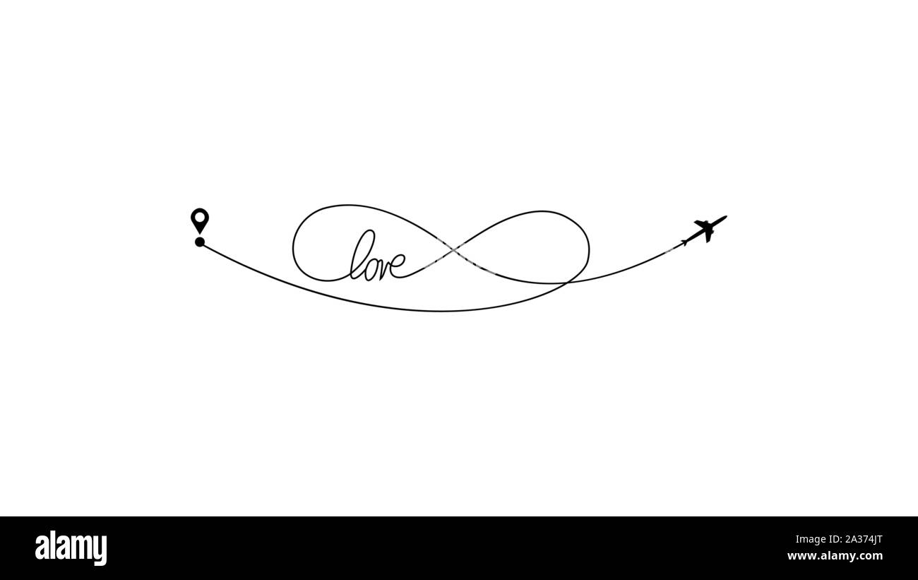 Plane and its track as a sign of infinity and text love on white ...