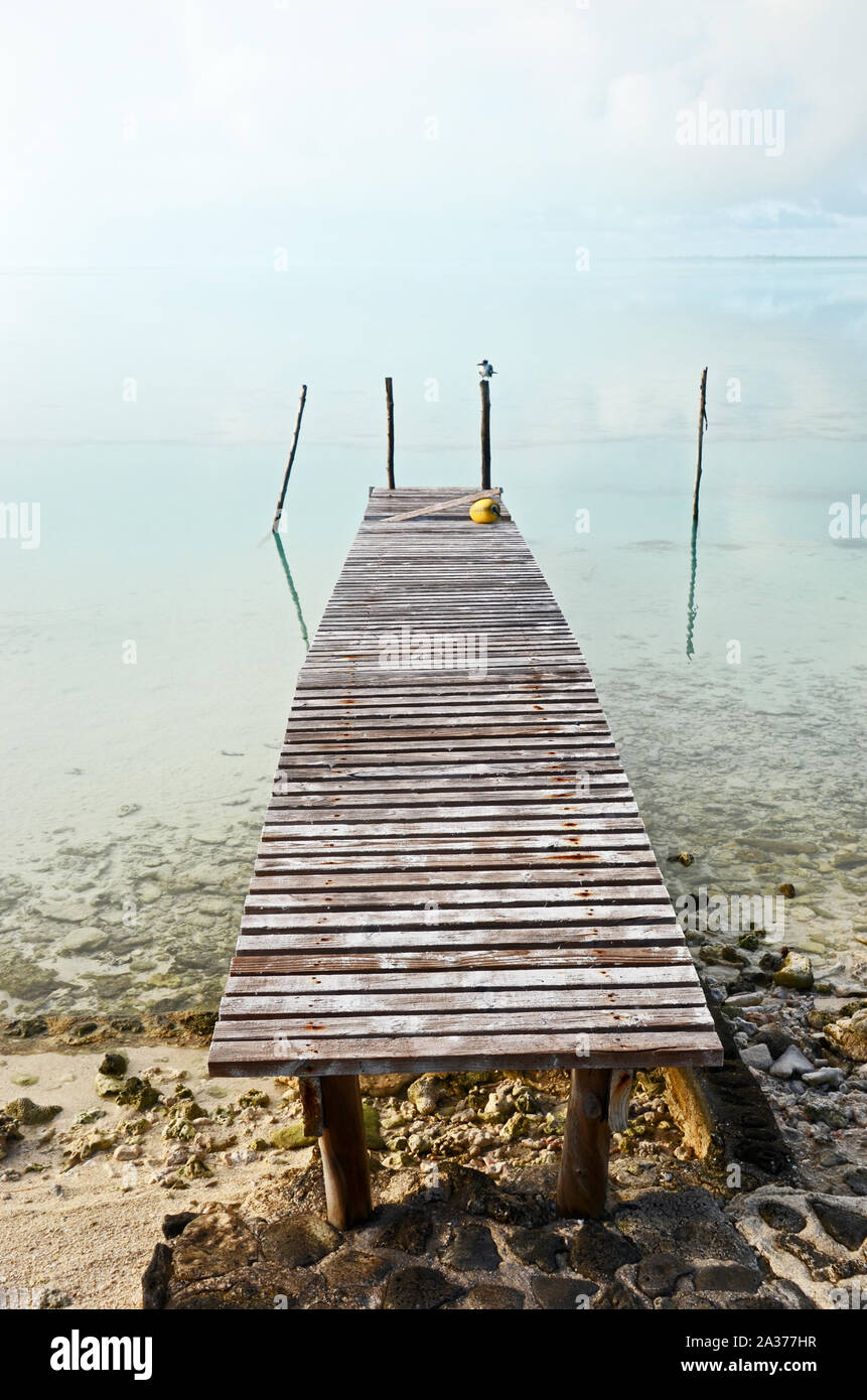 Small wooden pier on the edge of the lagoon on Anaa Atoll, French ...