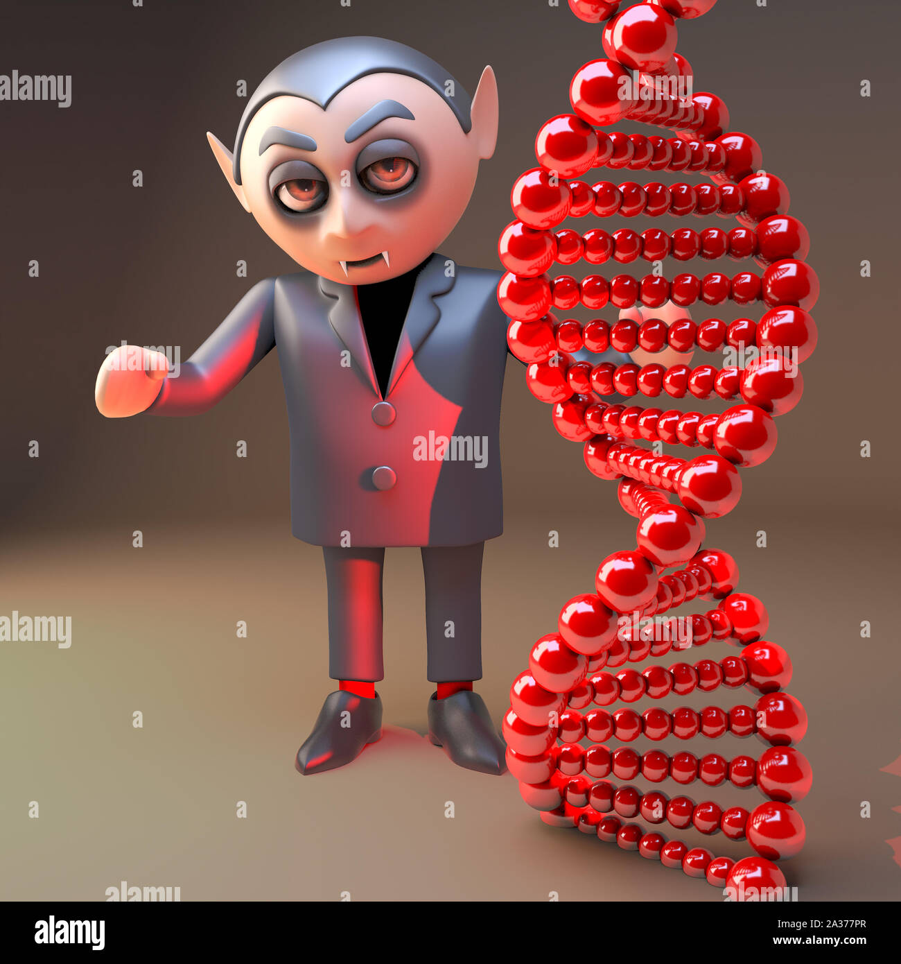 Cartoon 3d dracula vampire character standing behind DNA double helix ...