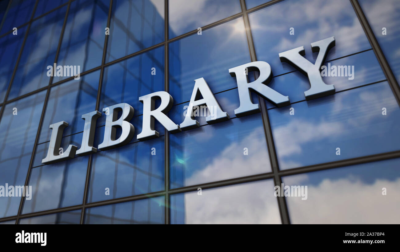 Library glass building. Mirrored sky and city on modern facade. Public ...