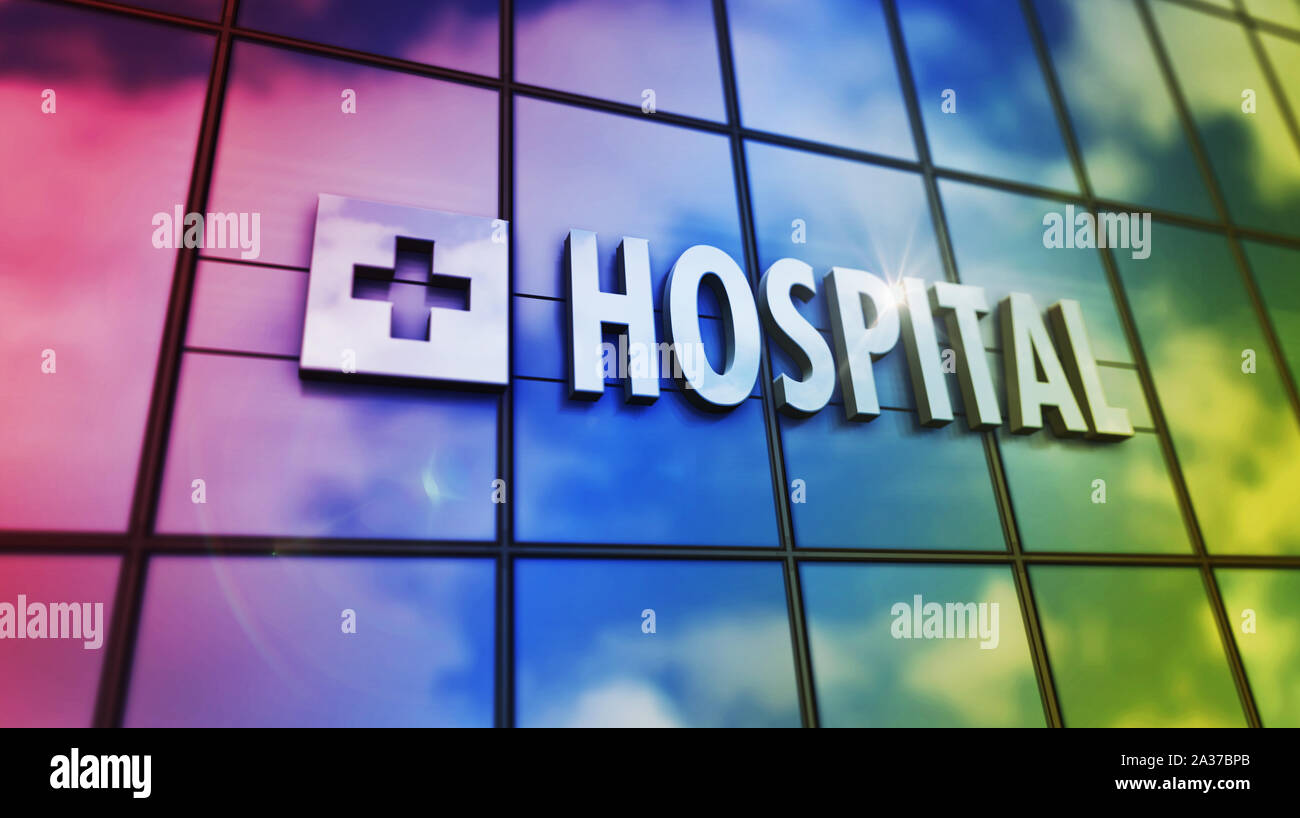 Hospital glass building. Mirrored sky and city on modern facade. Health ...
