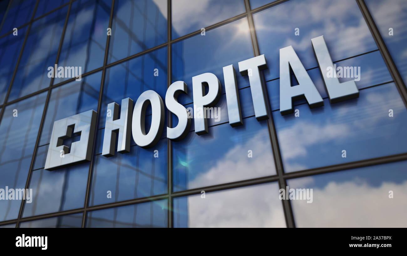 Hospital glass building. Mirrored sky and city on modern facade. Health ...