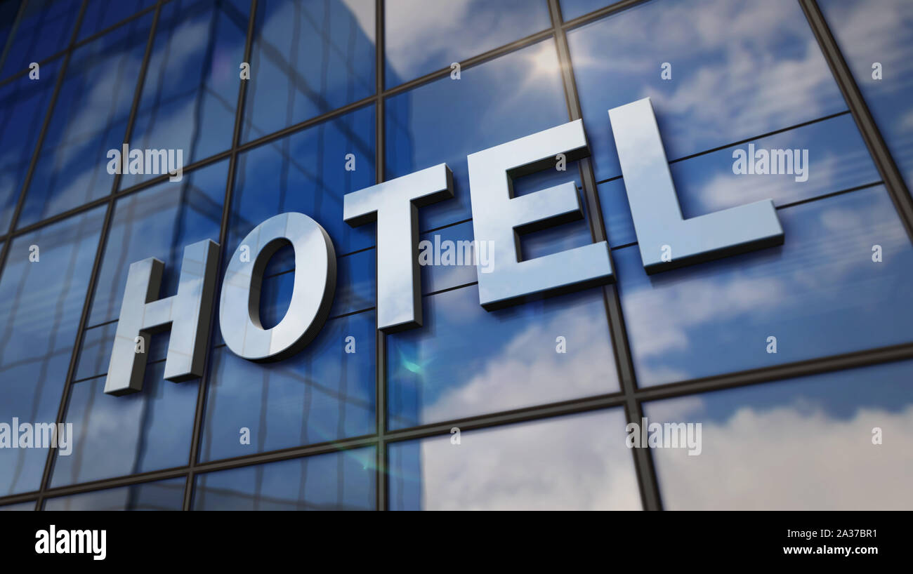 Hotel sign on glass building. Mirrored sky and city on modern facade ...