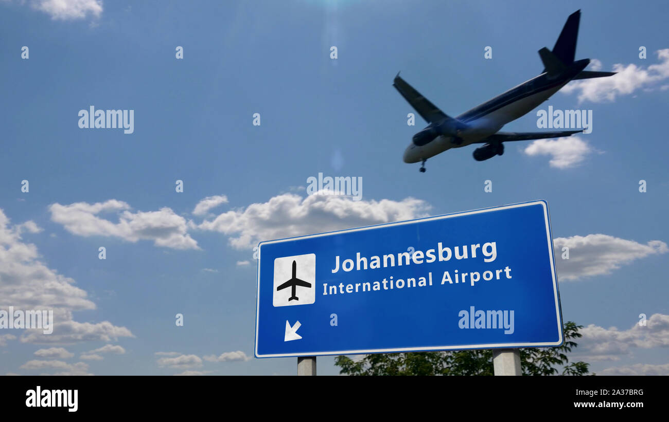 Airplane silhouette landing in Johannesburg, South Africa, RSA. City ...