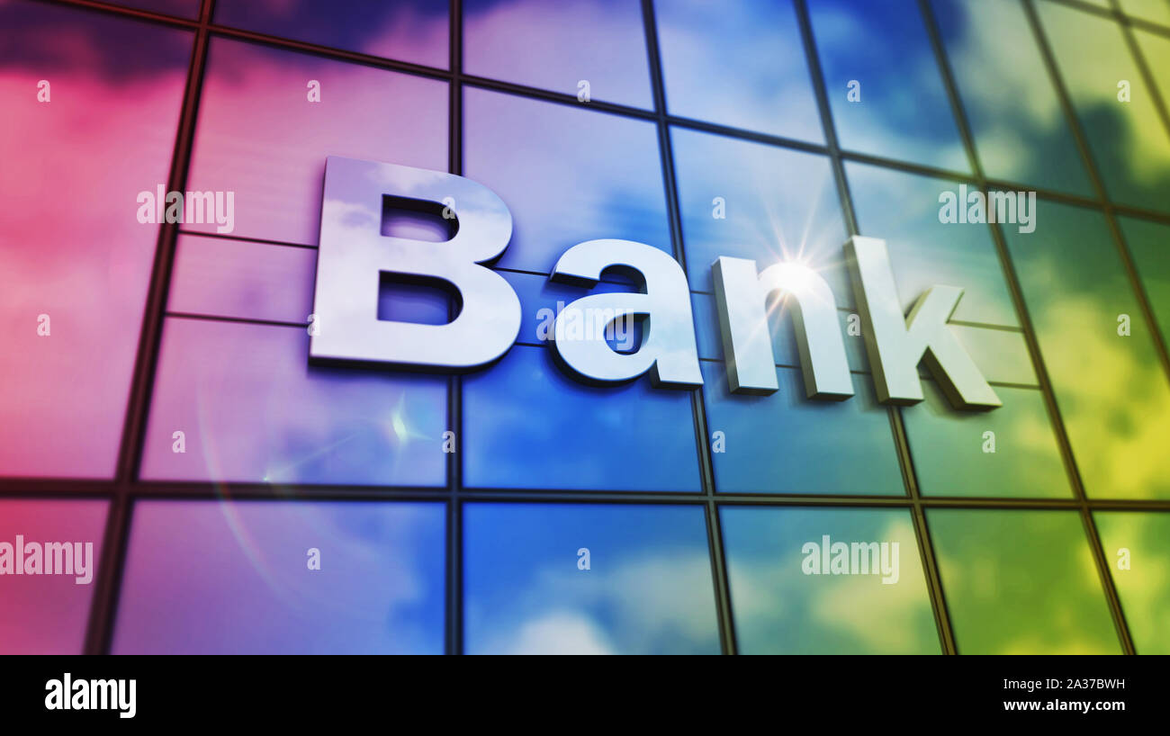Bank sign on glass building. Mirrored sky and city on modern facade ...
