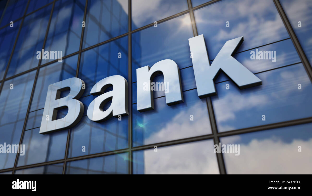 Bank sign on glass building. Mirrored sky and city on modern facade ...