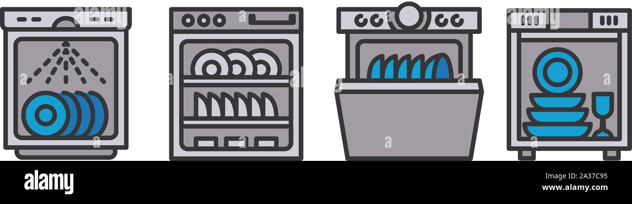 Dishwasher icons set. Outline set of dishwasher vector icons for web ...