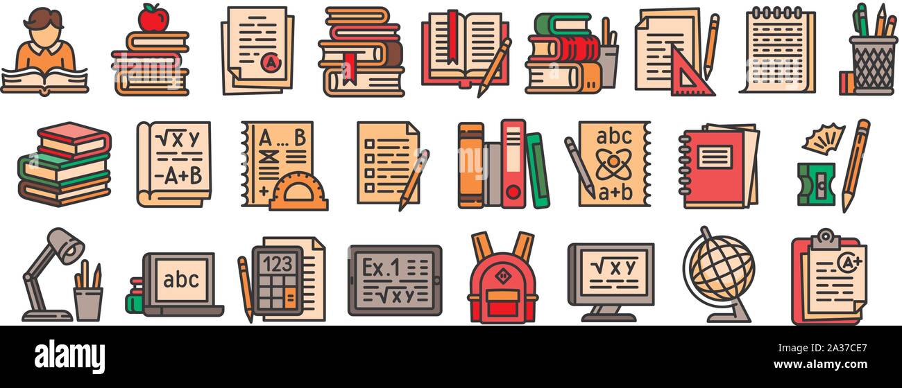 Homework icons set. Outline set of homework vector icons for web design ...