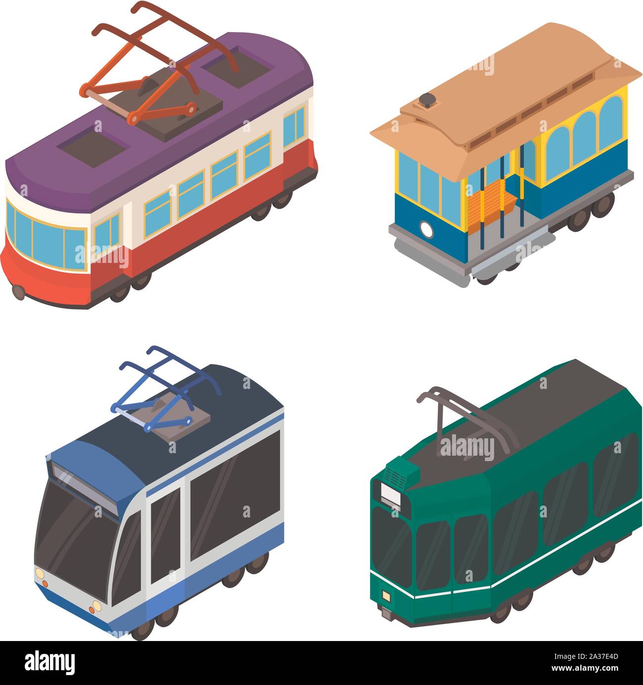 Tram car icons set. Isometric set of tram car vector icons for web ...