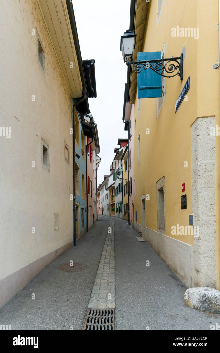 Delemont, Jura / Switzerland - 28 August, 2019: narrow empty street in ...