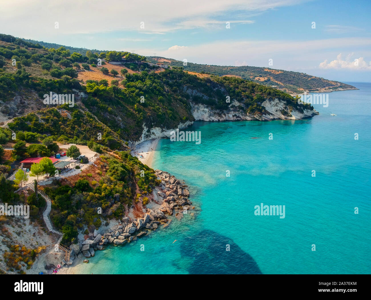 Drone aerial view of a stony beach. Panorama with nice sand, lagoon and ...