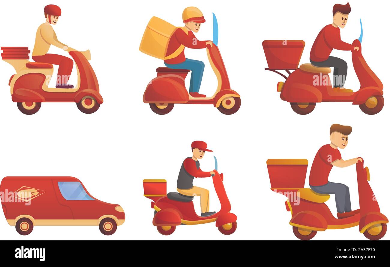 Food delivery service icons set. Cartoon set of food delivery service ...